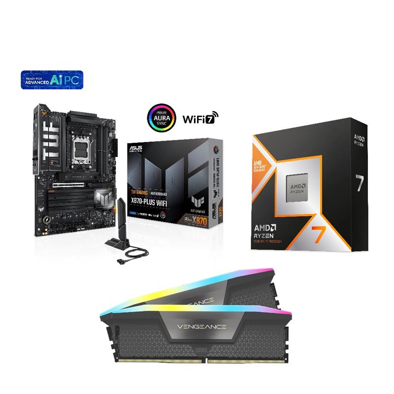 AMD R7 9800X3D CPU + ASUS TUF GAMING X870-PLUS WIFI Carte mère + CORSAIR RGB 64 Go D5 6000MHz ...